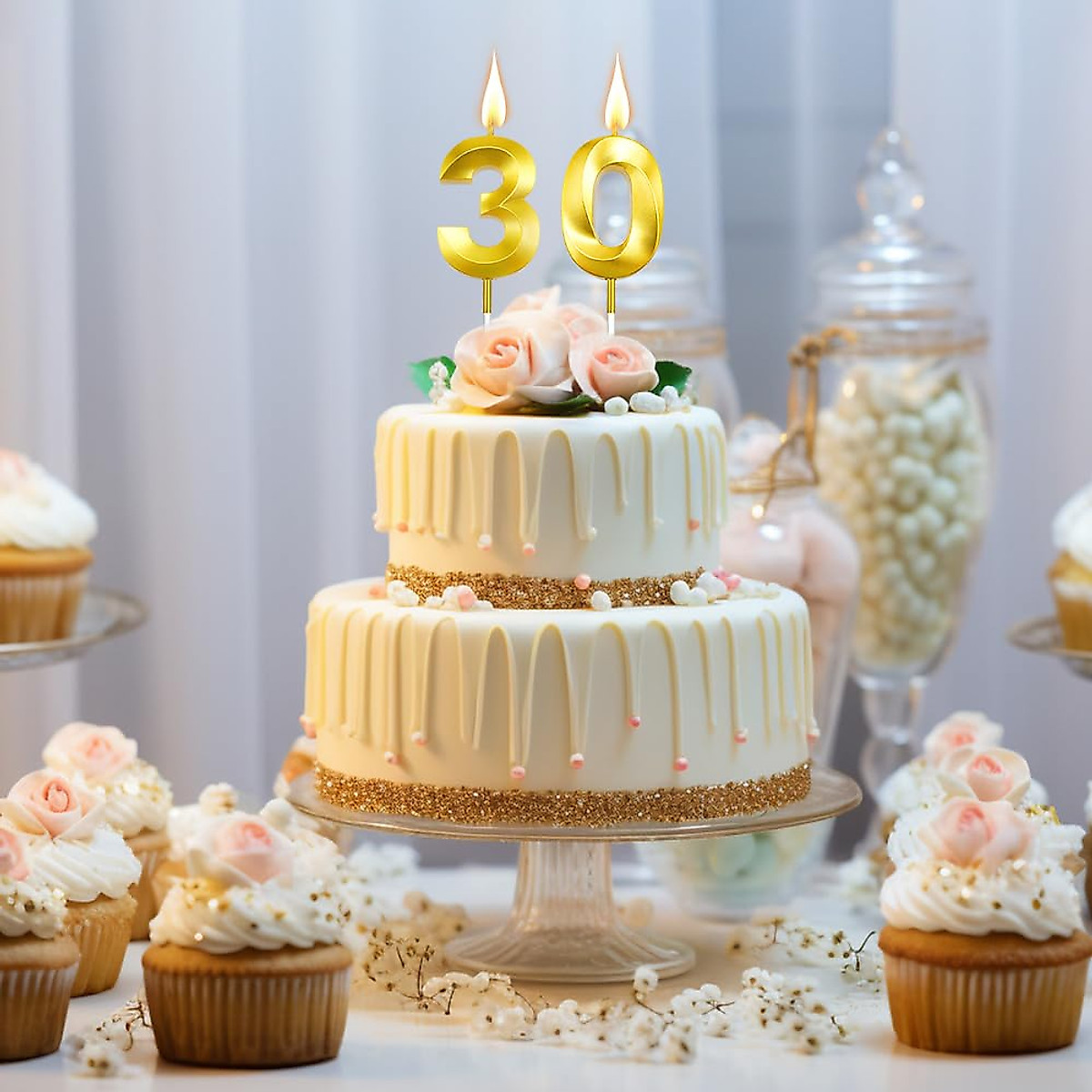 30th Birthday Candles, Number 30 Candles, Gold Birthday Candles, Happy Birthday Candles for Cake, 30th Birthday Cake Topper Decorations for 30th 3 Year Old Birthday Wedding Anniversary Supplies