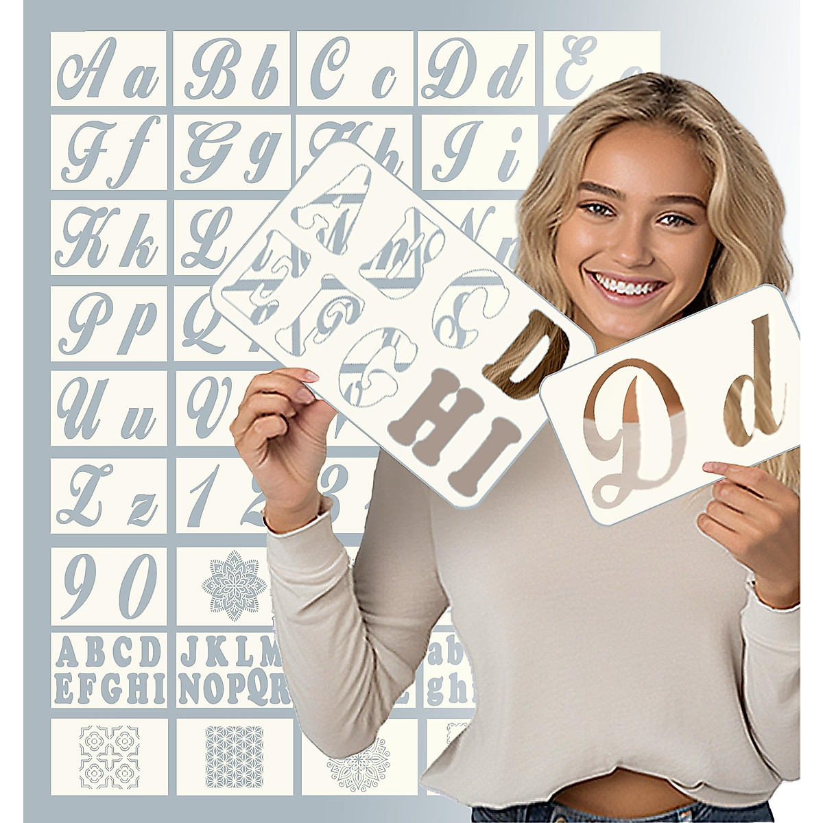 124 Alphabet Numbers & Mandala Stencils Small & Large 2 & 4 Inches Upper Lowercase Arts Crafts Letters Stencil Reusable Template for Calligraphy DIY Painting Wood Wall Fabric Rock Bullet Journal Kit