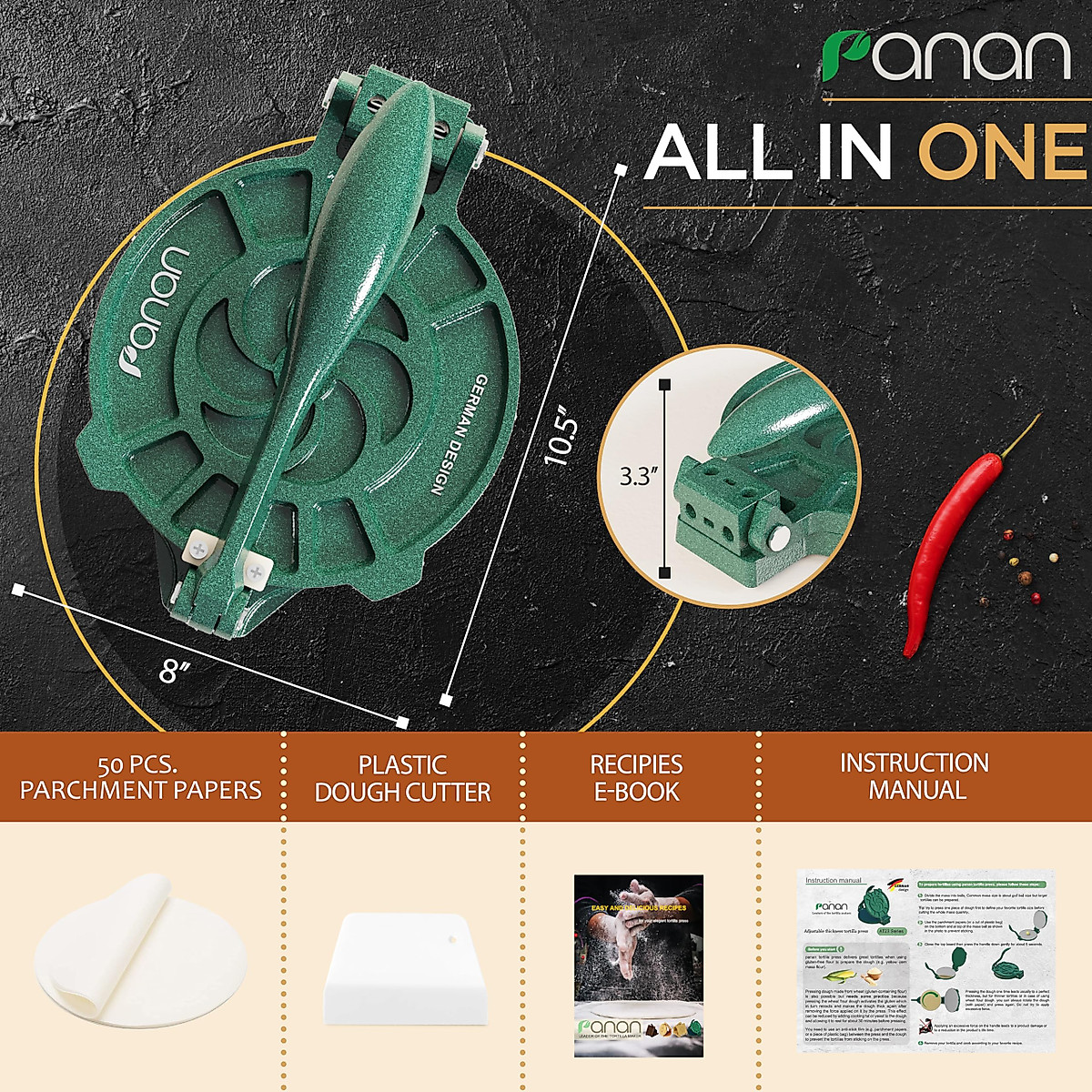 Tortilla Press with Adjustable Thickness Control 8 inch Mexican Tortillera Presser Made with Precision from Special Alu Alloy - Metal Pataconera with 50 Parchment Paper, Dough Cutter and Recipes eBook