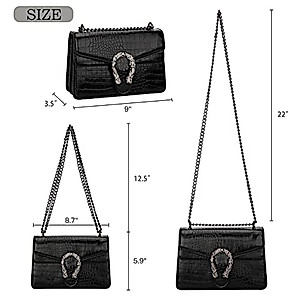 GLOD JORLEE Women's Fashion Chain Purse Crossbody Shoulder Bags -Classic Stone Crocodile Pattern Leather Square Flap Handbag (Black)