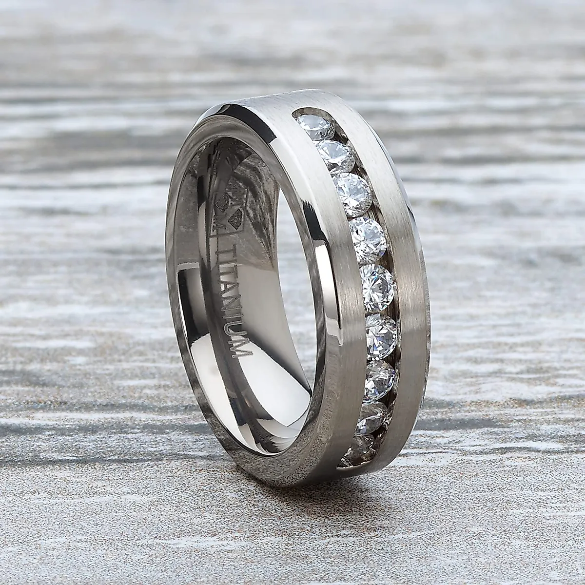 Metal Masters 8 MM Men's Titanium Ring Wedding Band with 9 Large Channel Set Cubic Zirconia CZ Size 12