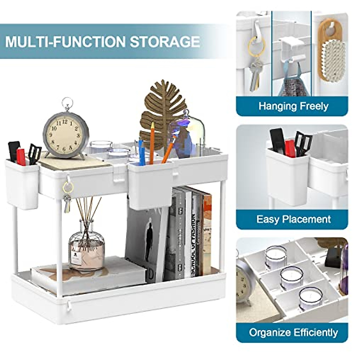 SOYO 2 Pack Under Sink Organizers and Storage, 2 Tier Bathroom Organizer Under Sink Shelf, Kitchen Organization Cabinet Storage Caddy Counter Basket with Hooks Dividers Hanging Cups, White