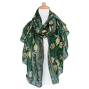 GERINLY Lightweight Scarves Fashion Flowers Print Shawl Wrap Scarf For Women Forest Green Accessory for Beach Boho Scarf (Green)