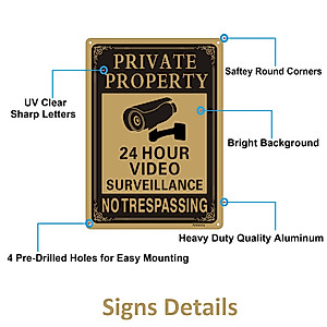 Amexiu Private Property No Trespassing 24 Hours CCTV Camera Video Surveillance Warning Sign | 10" x 7" Rust Free Aluminum Easy Mounting Fade Resistance, 2 Pack
