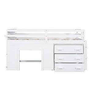 DEYOBED Wooden Twin Size Loft Bed Frame with Bedside Shelf, Storage Cabinet, Safety Guardrail and Ladder, for Kids Teens Boys Girls Bedroom, White