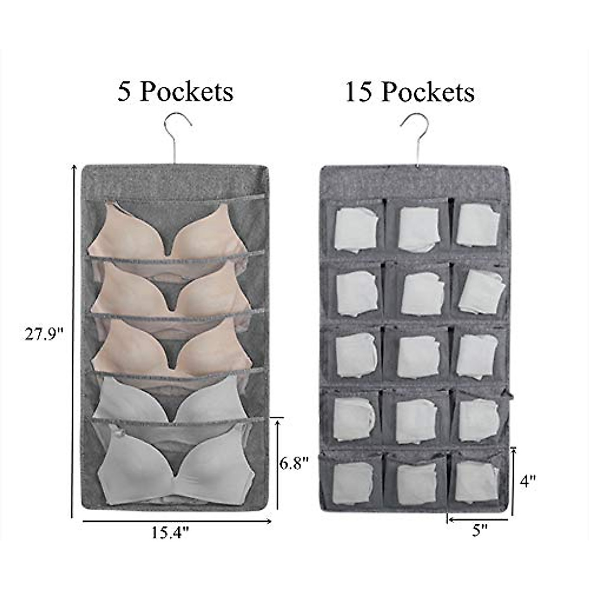 Dual Sided Hanging Underwear Sock Bra Stocking Organizer with 5+15 Mesh Pockets, 3D Pockets Design Durable Space Saver Bag Wall Shelf Wardrobe Storage Bags Holders (Grey)