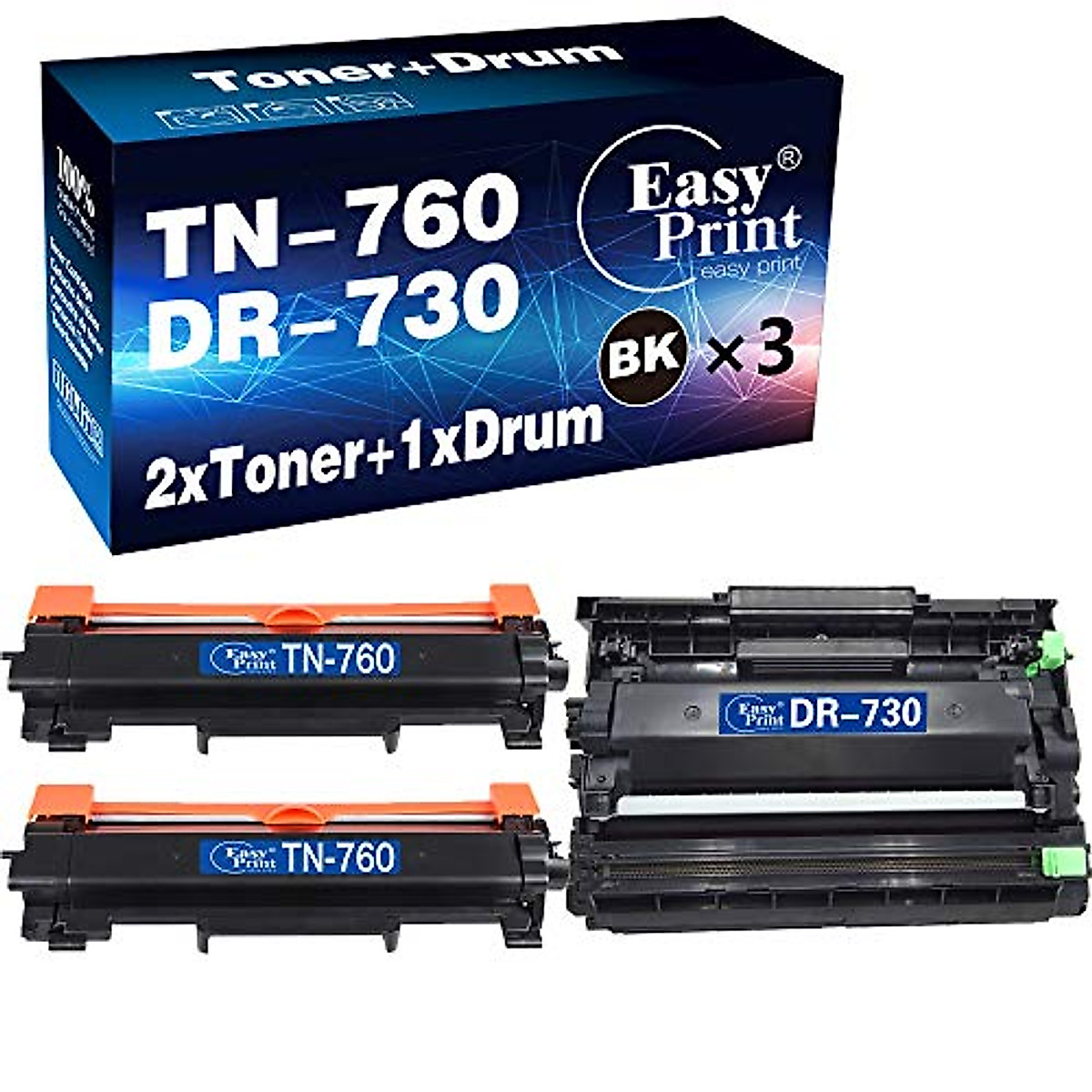 EASYPRINT Compatible 2-Pack TN760 TN-760 Toner Cartridge & 1-Pack DR-730 DR730 Drum Unit Used for Brother DCP-L2550DW, HL-L2350DW, L2370DW, L2390DW, L2395DW, MFC-L2710DW Printer, (Total 3-Pack)