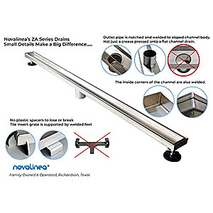 Novalinea - 54 Inch Linear Shower Drain with Tile Insert Grate, Includes Hair Strainer and Leveling Feet, 2 Inch Center Outlet, 304 Stainless Steel