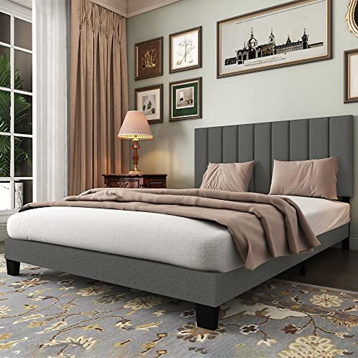 SWISH WEAVERS Queen Size Platform Bed Frame with Headboard, Upholstered Bedframe with Wingback / 12 Solid Wooden Slats/No Box Spring Needed/Noise-Free/Easy Assembly, Light Gray