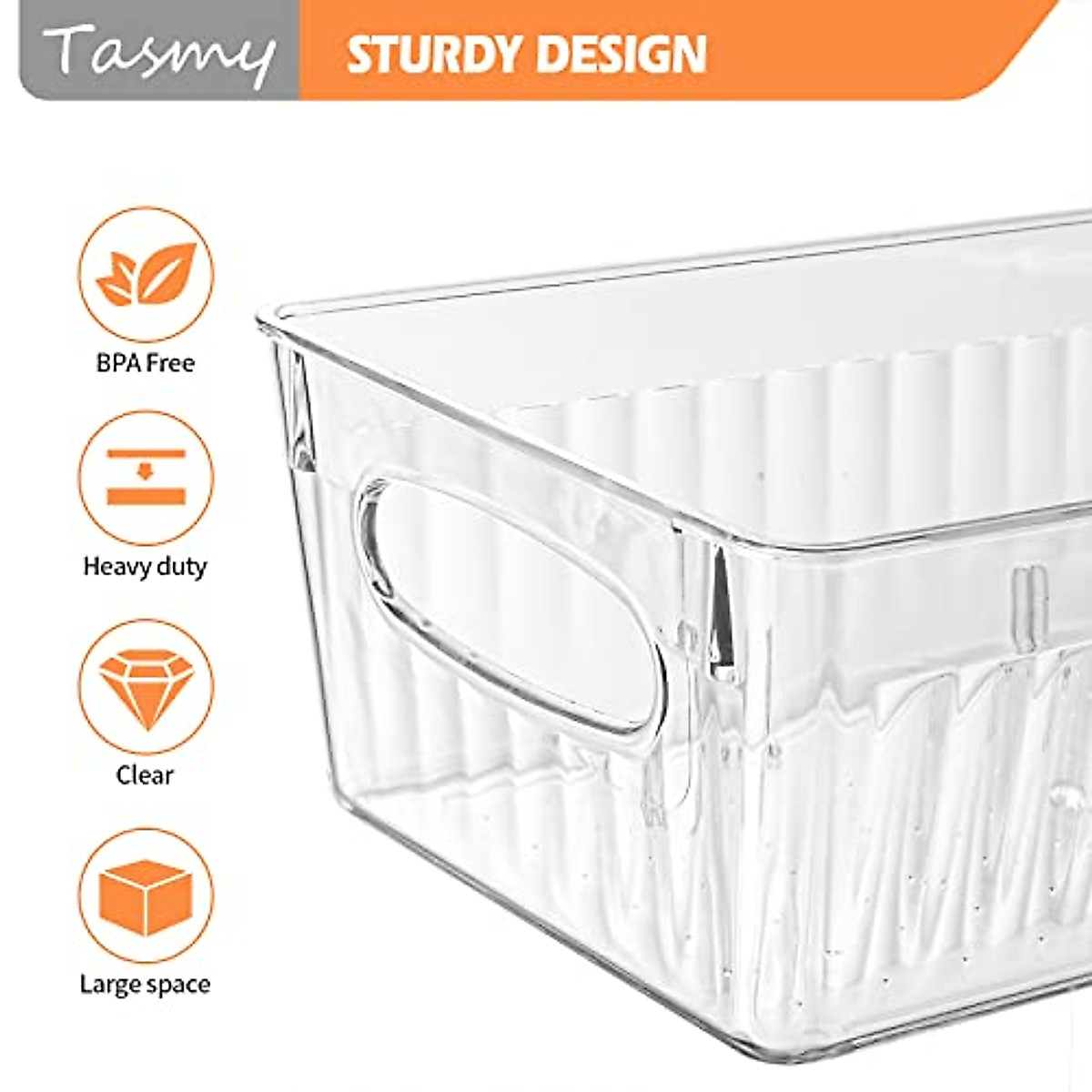 Tasmy Clear Plastic Pantry Organization and Food Storage Bin, Stackable Storage Box with Handle for Refrigerator, Kitchen, Countertops, Cupboard and Freezer Organization, BPA Free, Medium - Set of 6