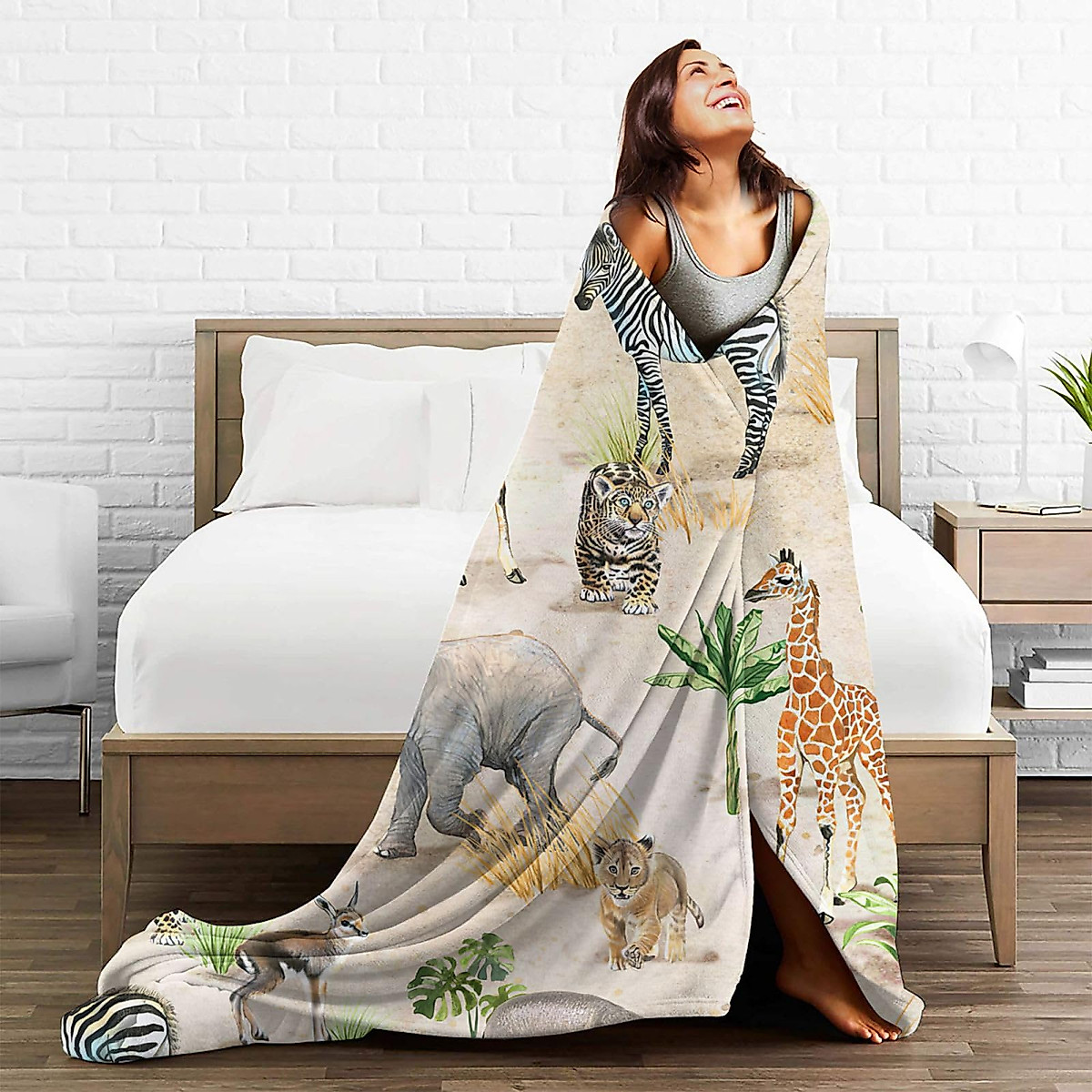 Zoo Animals Blanket African Safari Animals Elephant Tiger Giraffe Zebra Rhinoceros Decor Throw Blanket Gifts for Girls Boys Women Super Warm Soft Plush Fleece Flannel Blanket for Kids Adults 50"X40"