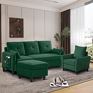 Tornama Sectional Sofa Set 77" Convertible Sofa and Accent Chair Small 3 Seat L Shaped Couch with Reversible Ottoman and Side Pockets, Modern Linen Sofa Couch for Living Room, Office, Apartment, Green