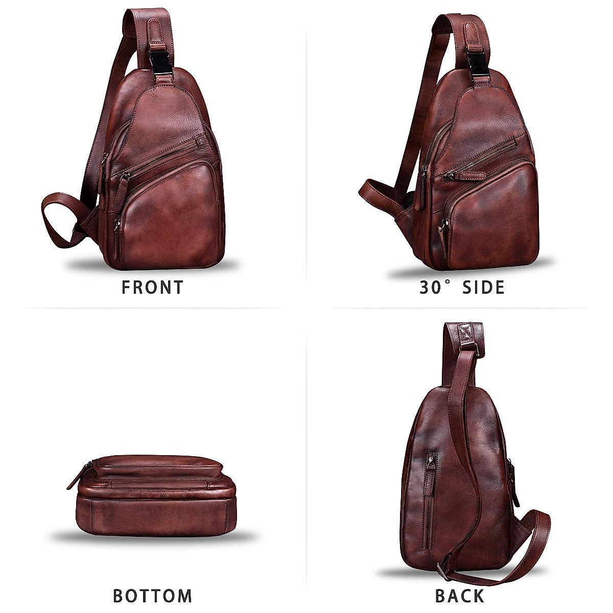 Genuine Leather Sling Bag Chest Shoulder Hiking Backpack Vintage Handmade Crossbody Daypack (Coffee)