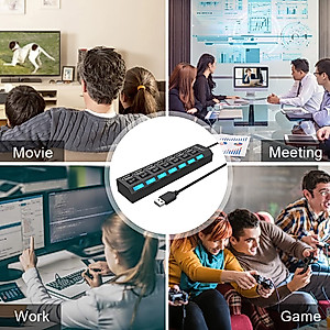 Multi Port Splitter, 7 Port USB 2.0 Hub, USB A Port Data Hub with Independent On/Off Switch and LED Indicators, Lights for Laptop, PC, Computer, Mobile HDD, Flash Drive and More (Black 2.0)