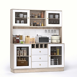 VOWNER Kitchen Hutch Cabinet, Pantry Cabinet, Freestanding Buffet Hutch with Pegboard, Cup Holder, Power Outlet, 4 Doors & 3 Drawers, Cupboard with Microwave Shelf & Wine Racks (Wood Color and White)
