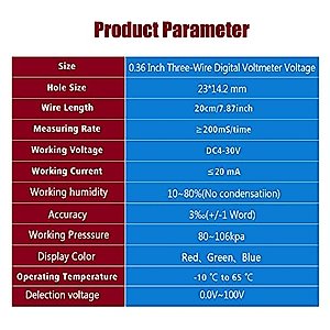DaFuRui dc Voltage Display，6pcs Mini Digital Voltmeter 0.36 Inch Three-Wire DC 0-100V Voltage Tester Reverse Polarity Protection and Accurate Pressure Measurement（Red/Green/Blue）