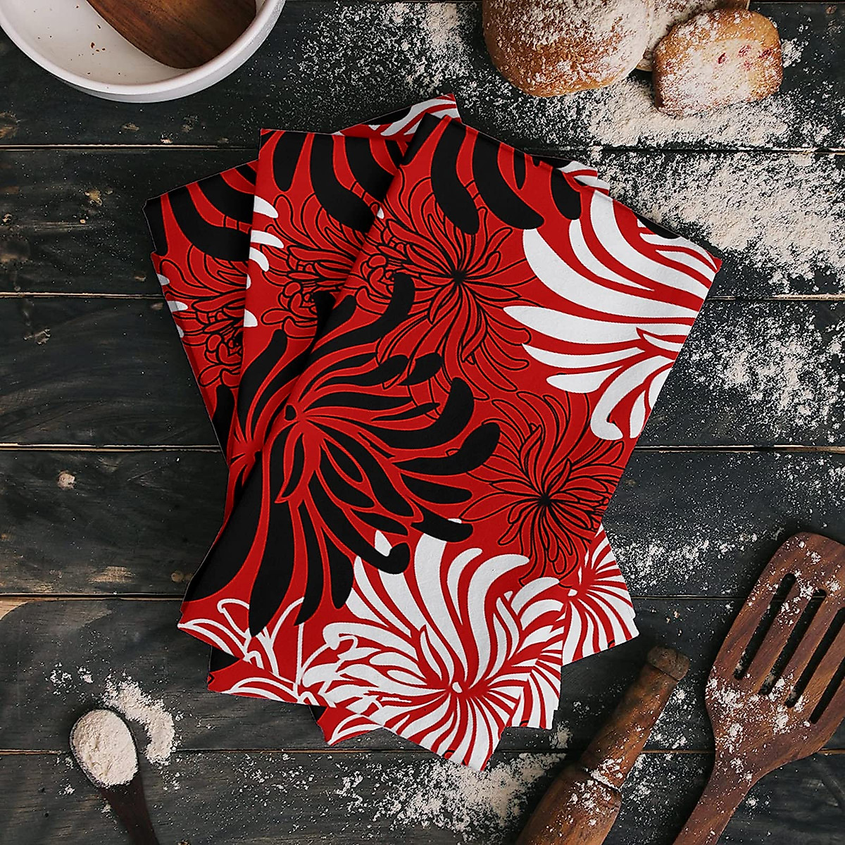 Kitchen Towels Set Black White Chrysanthemums Tea Towel Microfiber Absorbent Washable Flower Petals Red 2 Pack 18x28 Inches Absorbent Soft Cotton Dish Cloths Bar Towels & Tea Towels