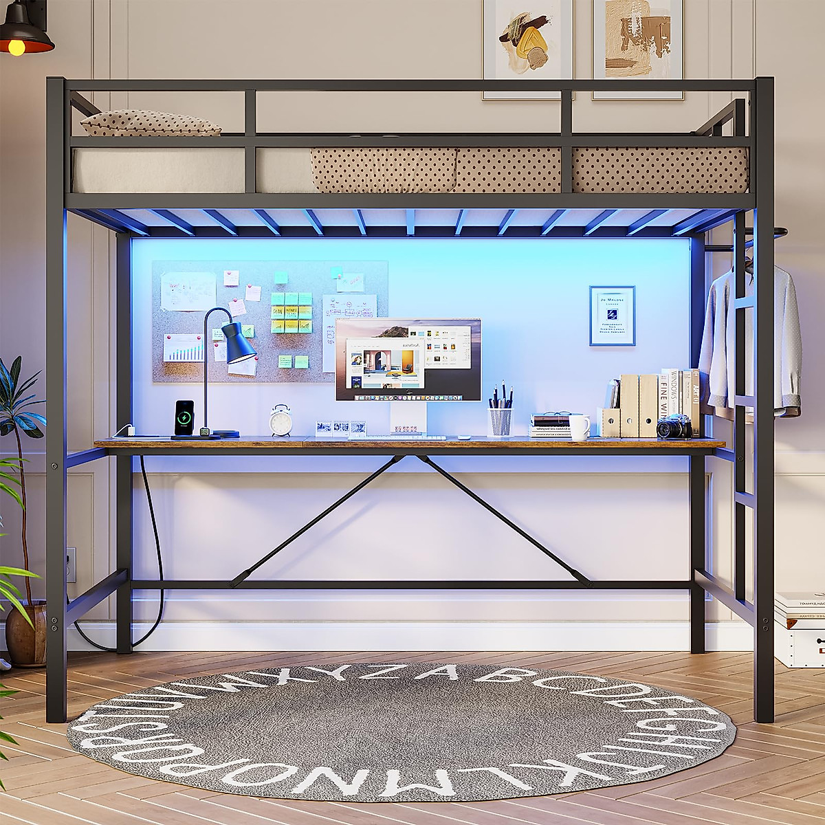 DICTAC Loft Bed Twin Size with Desk and Led Lights Twin Metal Loft Bed with Charging Station Twin Size Metal Bed Frame with Safety Guard & Ladder, Space-Saving,No Noise,No Box Spring Needed, Black