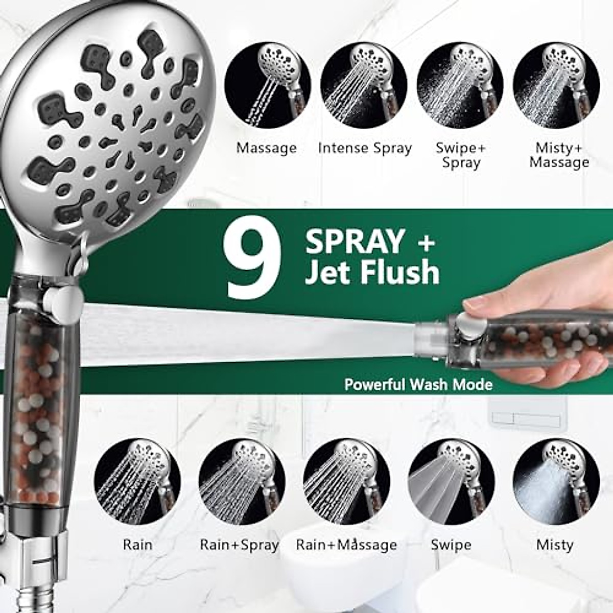 Filtered Shower Head for Hard Water Handheld,9 Spray Modes+Jet Flush High Pressure Filtered Detachable Showerhead,Water Softener Showerheads with 60"Long Hose,Adjustable Holder,Water Flow Restricter