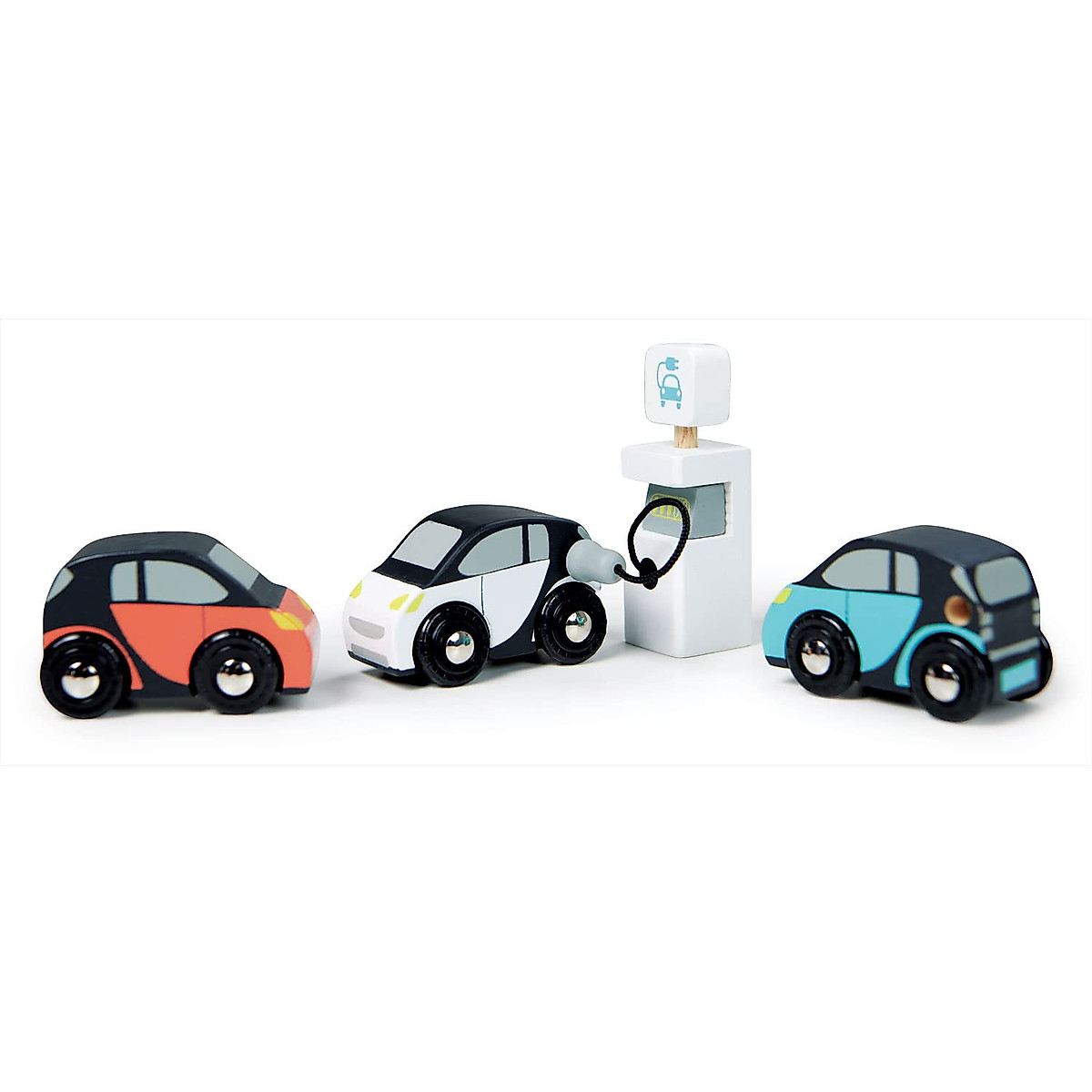 Tender Leaf Toys - Smart Car Set - 3 Pretend Electric Wooden Smart Cars with Charging Unit - Open-Ended Play Toy, Explore Role-Play and Imagination, for Boys and Girls Age 18m+