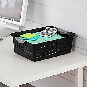 Sterilite Medium Ultra Indoor Home Plastic Storage Organizer Basket Container with Contoured Handles for Cabinets, Shelves, Black (12 Pack)