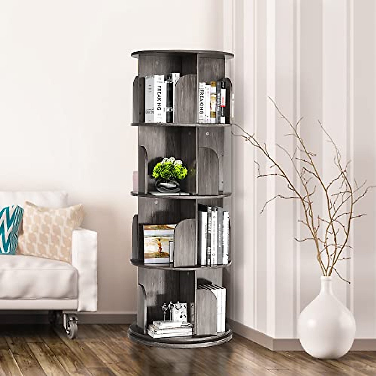 LAZEYARD Rotating Bookshelf, Rotating Bookshelf Tower for Small Space, 360 Display 4 Tier Floor Standing Storage Rack, Wood Narrow Book Shelf for Bedroom, Living Room