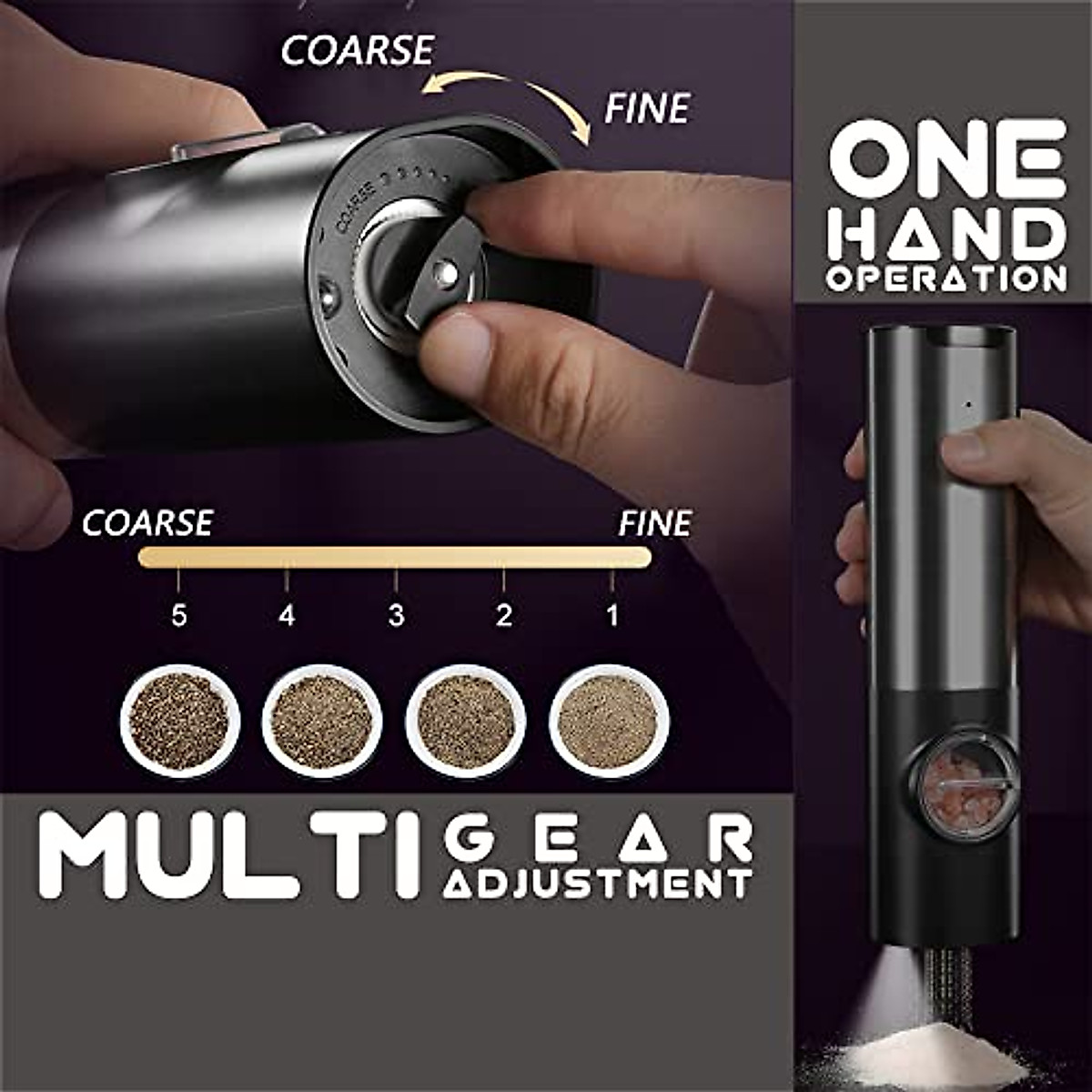 Electric Salt and Pepper Grinder Set with Rechargeable Base, Stainless Steel Salt and Pepper Grinders/Mill with Adjustable Coarseness, Refillable Salt and Pepper Shakers with LED Light, a Pair