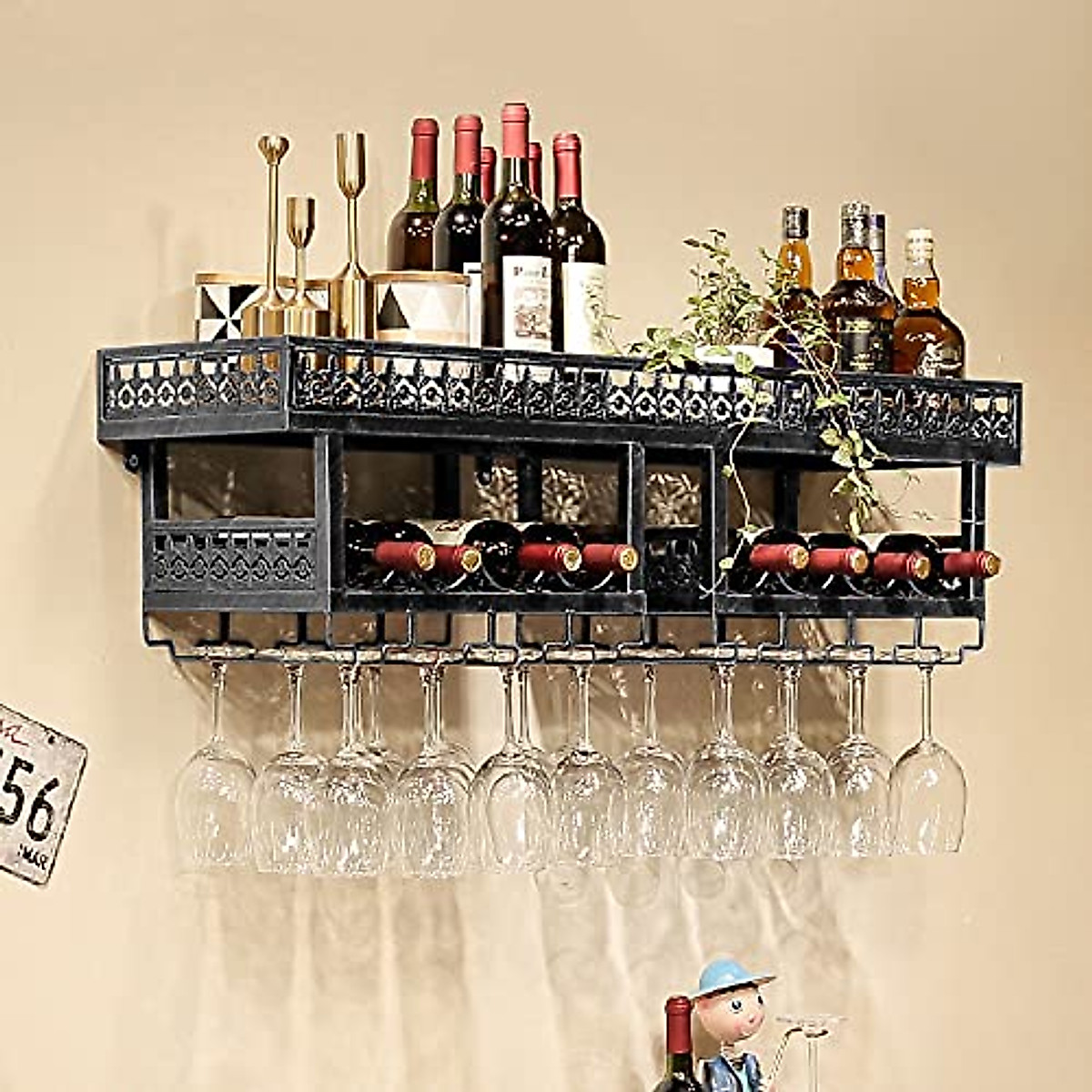 Industrial Wine Rack Cabinet Upside Down Wine Glass Bar Glass Rack Hanging Wall Wine Rack Include Wall-Mounted Wine Rack Wall Shelf 16-24 Wine Glasses Cases (39.4" x 11.8" x 11.8" Double Layer)