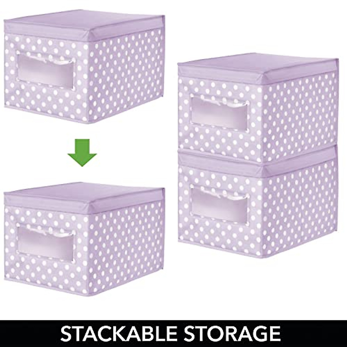 mDesign Large Soft Stackable Fabric Baby Nursery Storage Organizer Holder Bin Box with Front Window and Lid for Child/Kids Bedroom, Playroom, Classroom - 2 Pack, Light Wisteria Purple/White Polka Dot