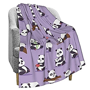 Kiuloam Cute Pandas on Purple Soft Throw Blanket 40"x50" Lightweight Flannel Fleece Blanket for Couch Bed Sofa Travelling Camping for Kids Adults