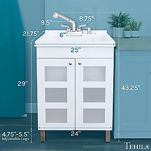 JS Jackson Supplies Utility Sink with White Vanity Cabinet, Chrome Finish Pull-Out Sprayer Faucet, Soap Dispenser and Spacious Vanity for Laundry Room