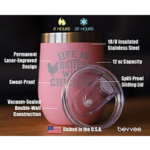 Life is Better with Chickens - Chicken Wine Tumbler with Sliding Lid - Stemless Stainless Steel Insulated Cup - Funny Outdoor Camping Mug - Pink