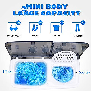 Portable Washing Machine 17.6Lbs Capacity Washer&Dryer Combo 2 In 1 Mini Compact Twin Tub Laundry Washer(11Lbs) & Spinner(6.6Lbs) with Gravity Drain Pump for Apartment,Dorms,RV Camping(grey+white)