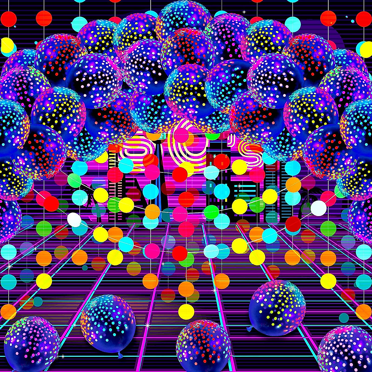 Glow In The Dark Party Supplies Glow Party Neon Party Supply Set, 98.4ft 6Rolls Blacklight Luminous Tape 14.4ft Neon Streamers Garland 25Pcs Fluorescent Neon Balloon Decor(Clear,Dot)