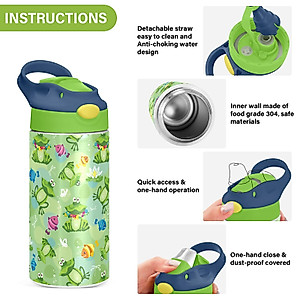 ALAZA Cute Cartoon Lotus Pond Frog Kids Water Bottles with Lids Straw Insulated Stainless Steel Water Bottles Double Walled Leakproof Tumbler Travel Cup for Girls Boys Toddlers 12 oz / 350 ml,Green