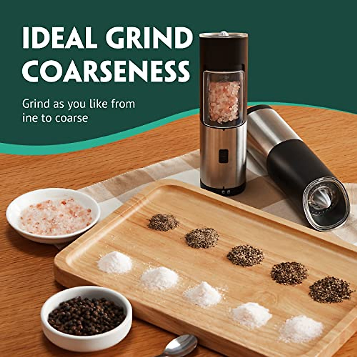 Automatic Salt and Pepper Grinder Set - Kitexpert Gravity Electric Salt and Pepper Mill Battery Operated - One Handed Operation with Light - Up to 5 Adjustable Grinding Levels