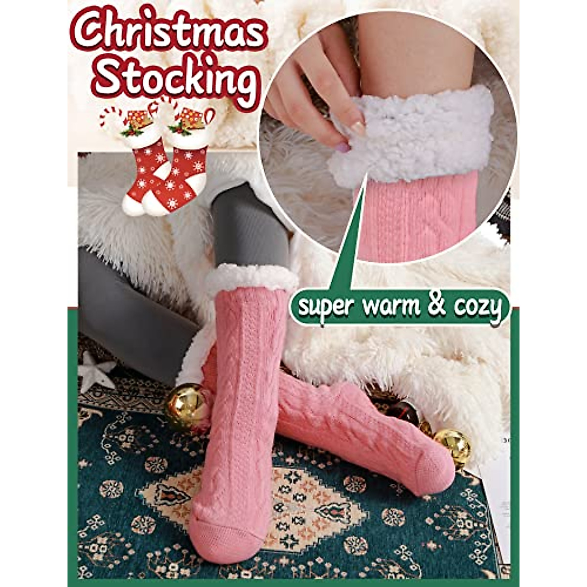 EBMORE Women Slipper Fuzzy Socks Fluffy Cozy Cabin Warm Winter Soft Thick Comfy Fleece Christmas Anti Slip Home Stocking Stuffer(Pink)