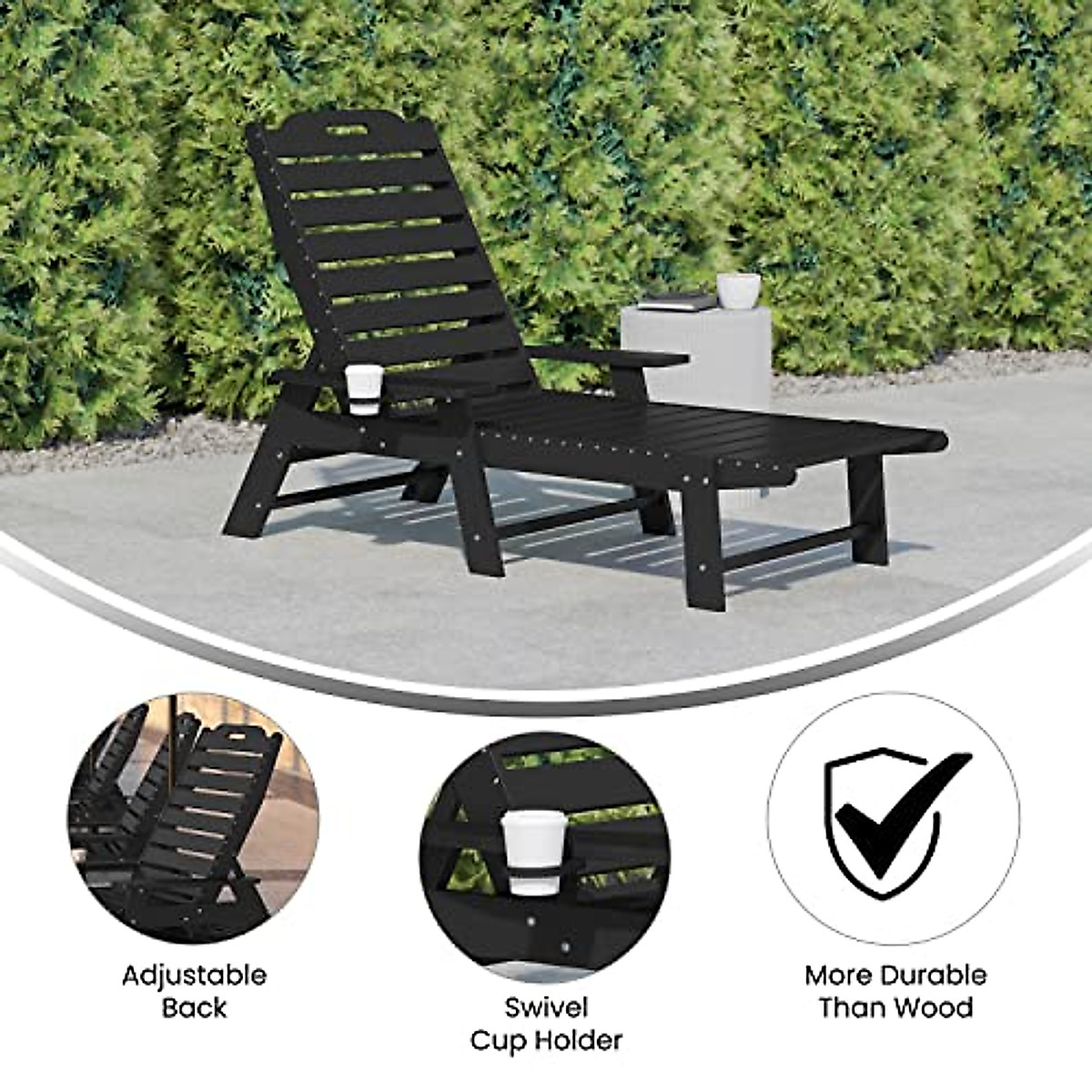 Flash Furniture Monterey Adjustable Adirondack Lounger with Cup Holder- All-Weather Indoor/Outdoor HDPE Lounge Chair, Black