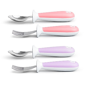 Munchkin® Raise™ Toddler Fork and Spoon Utensil Set, Rest Keeps Tip Off Table, BPA Free, 4 Pack, Pink/Purple