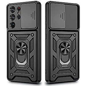 VEGO for Galaxy S21 Ultra Case with Slide Camera Cover, Built-in 360° Rotate Ring Kickstand Magnetic Cover Case for Samsung Galaxy S21 Ultra 5G 6.8 inch - Black