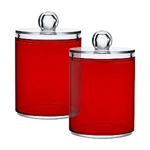 JUMBEAR 4 Pack Red Solid Color Qtip Holder Dispenser with Lid 14 oz Clear Plastic Apothecary Jar Set for Bathroom Vanity Organizers Storage Containers