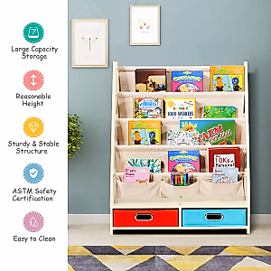 HONEY JOY Kids Book Rack with 2 Storage Bins, Wooden Toddler Bookshelf with 4 Sling Shelves, Book Display Stand Toy Storage Organizer for Kids Bedroom & Playroom (Beige)