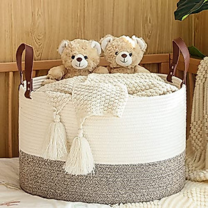 KAKAMAY Large Cotton Rope Blanket Basket (20"x13"),Woven Baby Laundry Hamper，Blanket Basket for Nursery, Laundry, Living Room, Pillows, Toys with Handles （White）