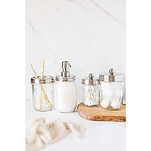 Jarmazing Products Ball Mason Jar Bathroom Gift Set (4 pcs) - Lotion/Soap Dispenser, Toothbrush Holder, Q-Tip Storage Jars - Farmhouse Home Decor for Vanity Organization - Stainless Steel