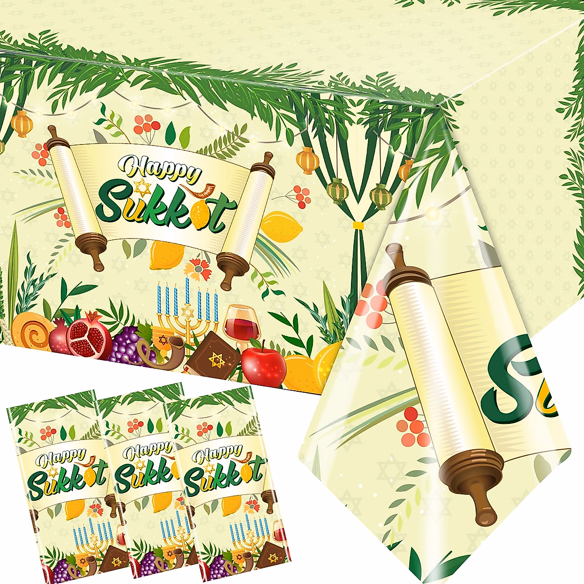 Sukkah Sukkot Tablecloth - Disposable Happy Sukkot Decorations Plastic Tablecloth, Jewish Holiday Party Decorations 3pcs Etrog Lulav Decor Table Cover, Jewish Table Supplies, 108 x 180 cm