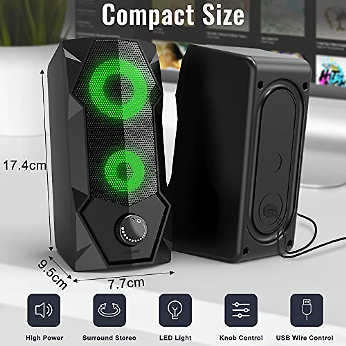 SPKPAL Computer Speakers RGB Gaming Speakers for PC 2.0 Wired USB Powered Stereo Volume Control Dual Channel Multimedia AUX 3.5mm for Laptop Desktop Monitors,10W