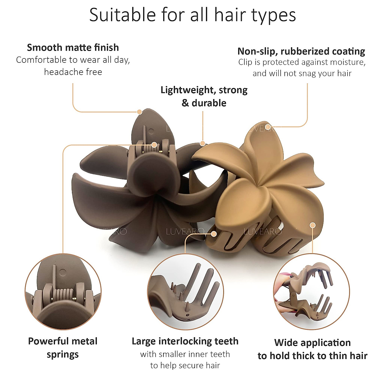 Luvearo Nonslip Matte Flower Hair Claw Clips - Aesthetic Plumeria Accessories for Women with Thick or Thin Hair