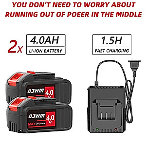 Power drill cordless,NAWIN 20V Impact drill,2x4.0Ah Battery and Fast Charger, 708ln-lbs Torque,Metal Keyless Chuck, Brushless Motor,2-Variable Speed