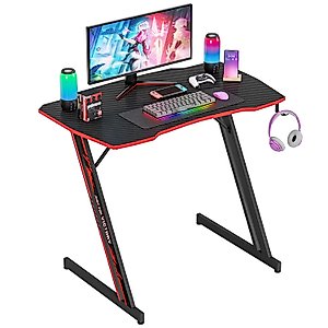 PayLessHere 35 Inch Modern Z-Shaped Gaming Desk Computer Desk for Home Office with Headphone Hook - Sturdy Workstation Table with Spacious Desktop,Red