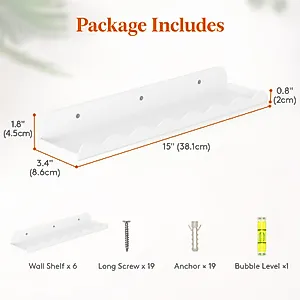 Lifewit Kids Bookshelf 6 Pack, 15" Acrylic Floating Shelves for Wall Mounted, White Clouds Nursery Book Toy Hanging Racks for Baby/Toddler/Children in Bedroom, Living Room Decor